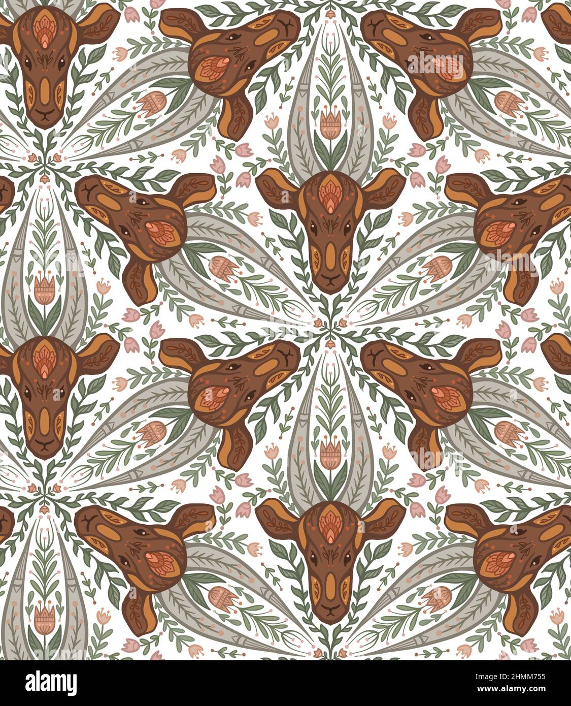Seamless pattern with antelope heads with folk art. Gazelle with floral ...