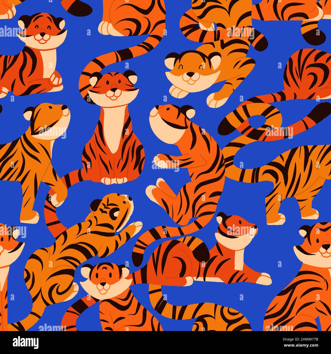 Seamless pattern with cartoon tigers in different poses. Texture with ...