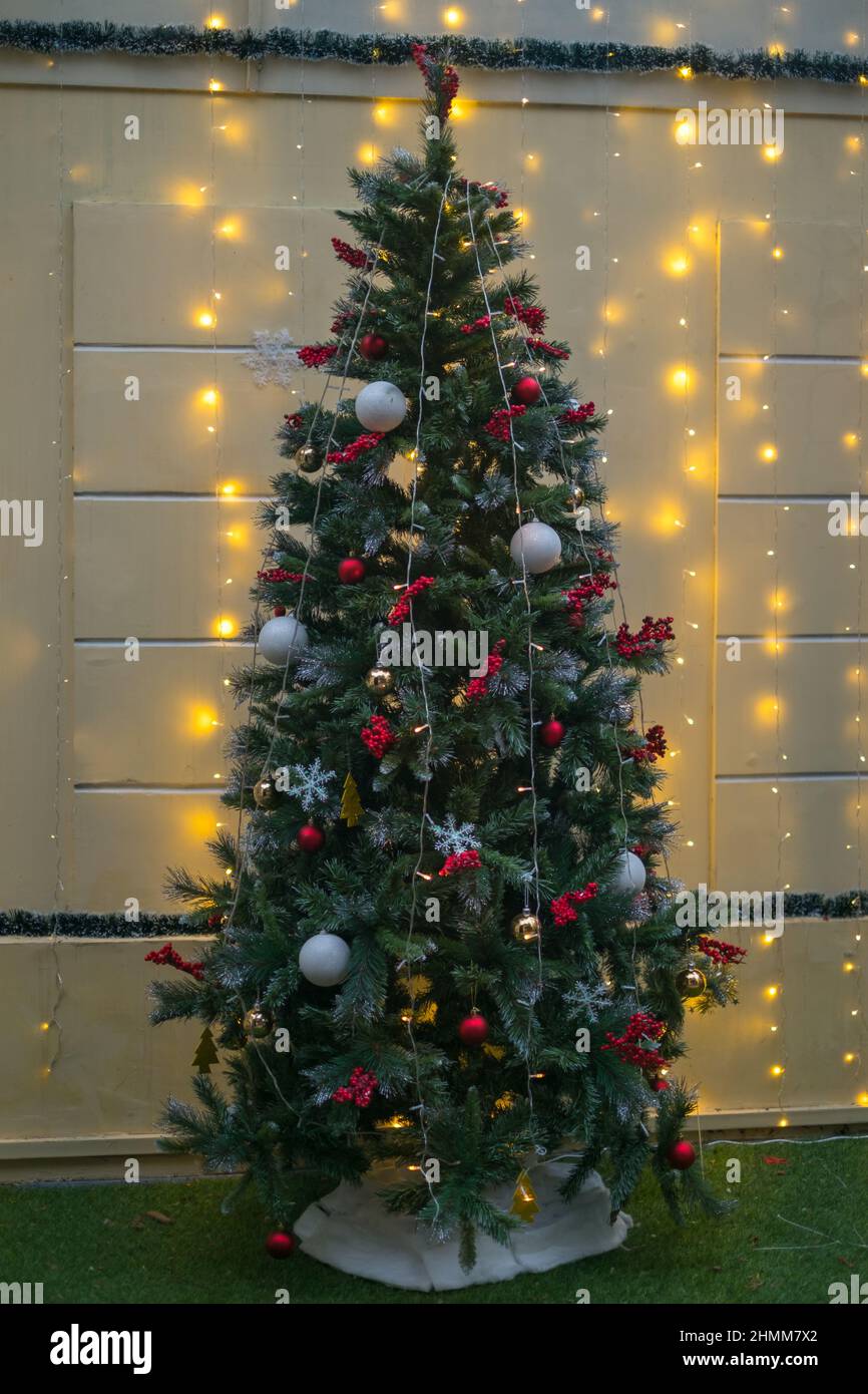 Decorated Christmas tree with christmas toys and garland. Happy new ...