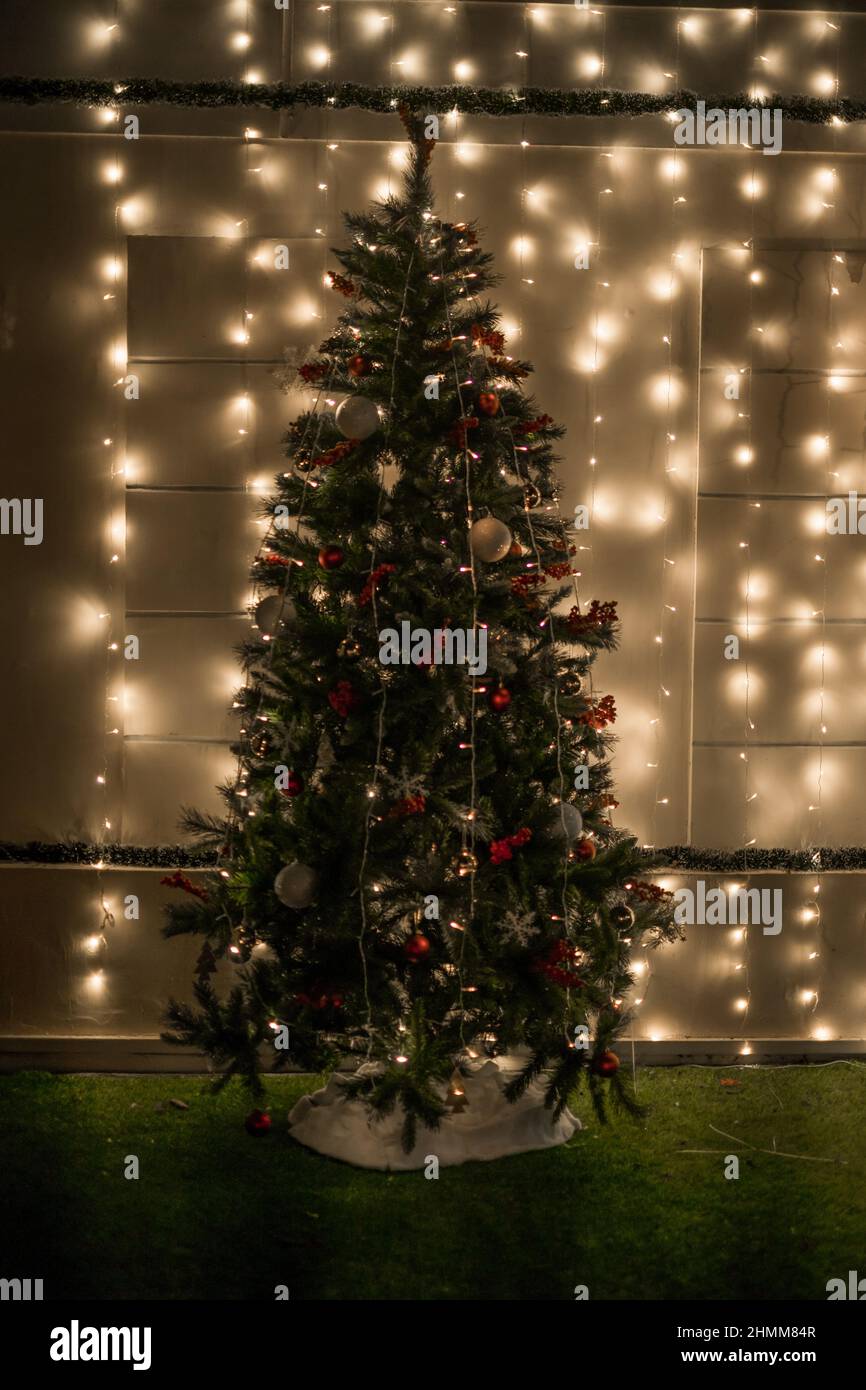 Decorated Christmas tree with christmas toys and garland. Happy new ...