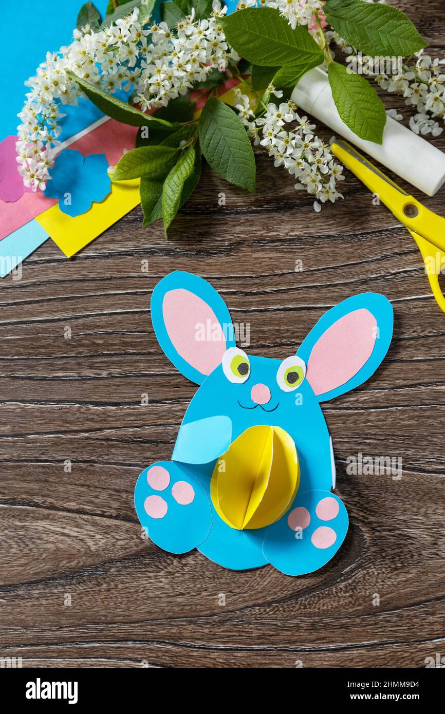 Easter bunny toy card with easter egg and spring flowers. Handmade ...