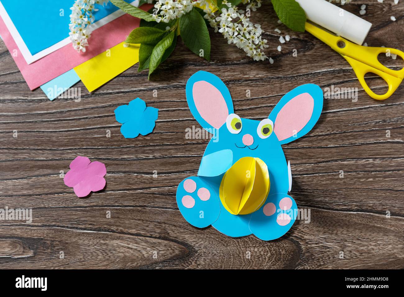 Easter bunny toy card with easter egg and spring flowers. Handmade ...