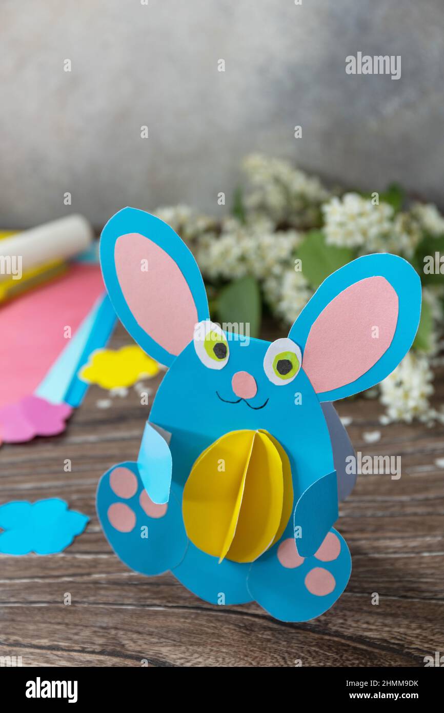 Easter bunny toy card with easter egg and spring flowers. Handmade ...