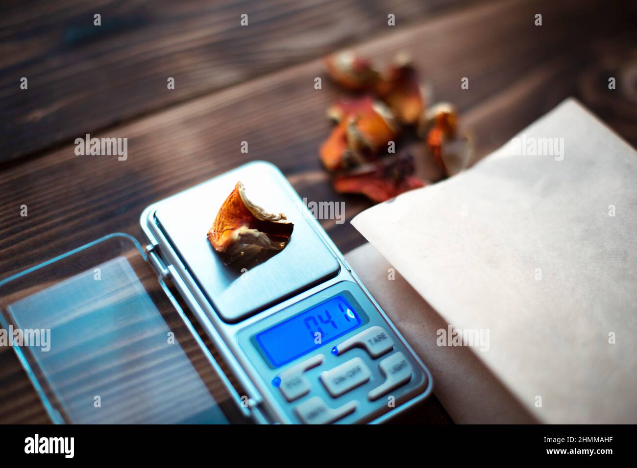 Dried pieces of mushroom fly agaric on table with scales. Measurement ...