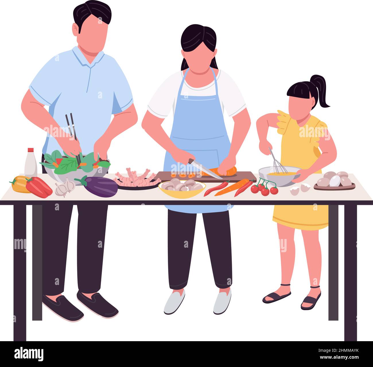 Family preparing dinner together table semi flat color vector ...