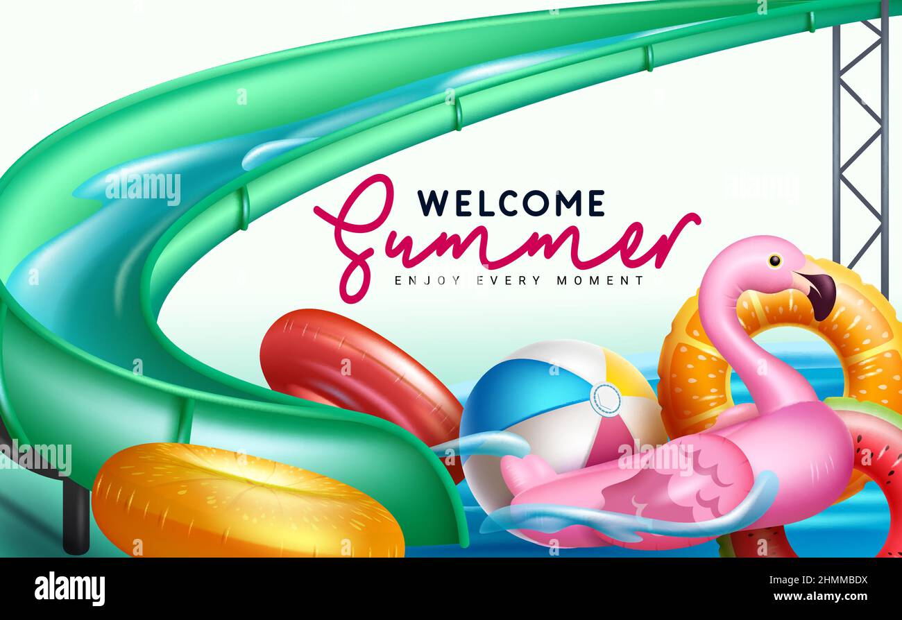 Summer slide vector background design. Welcome summer text in swimming ...