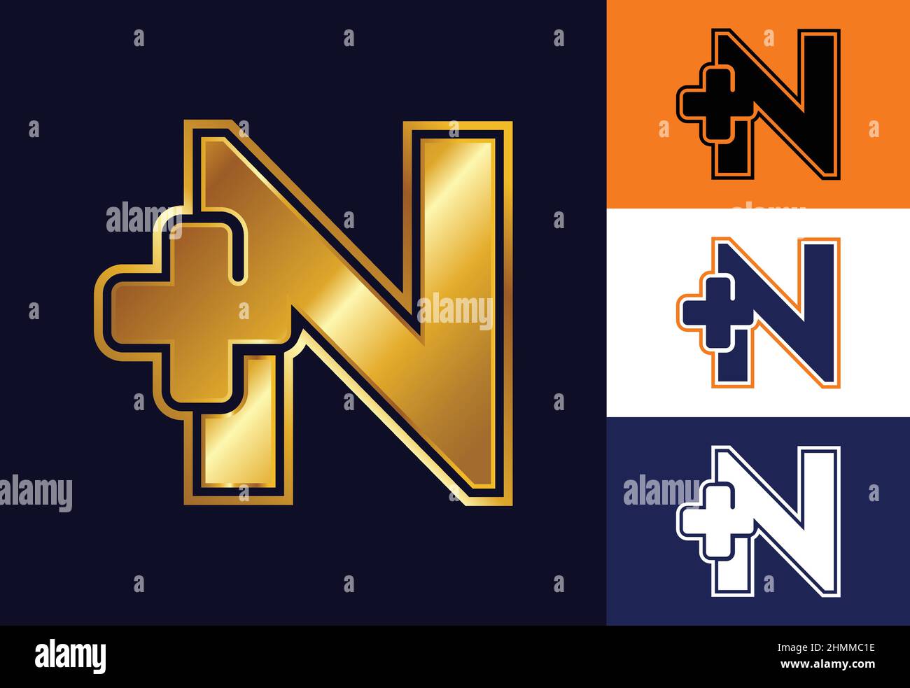 Initial N monogram with a plus sign. Logo for medical or health ...