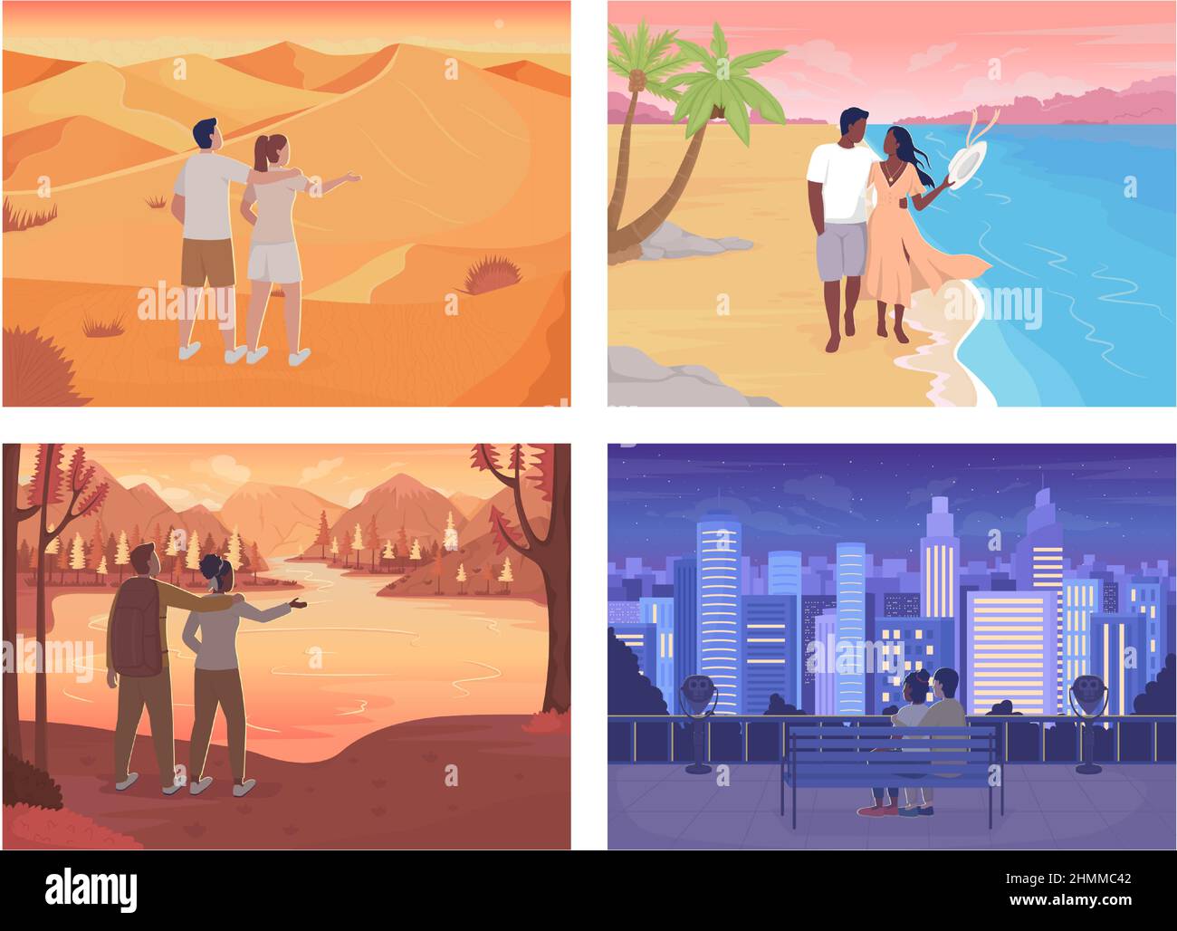 Romantic getaway with beloved flat color vector illustration set ...
