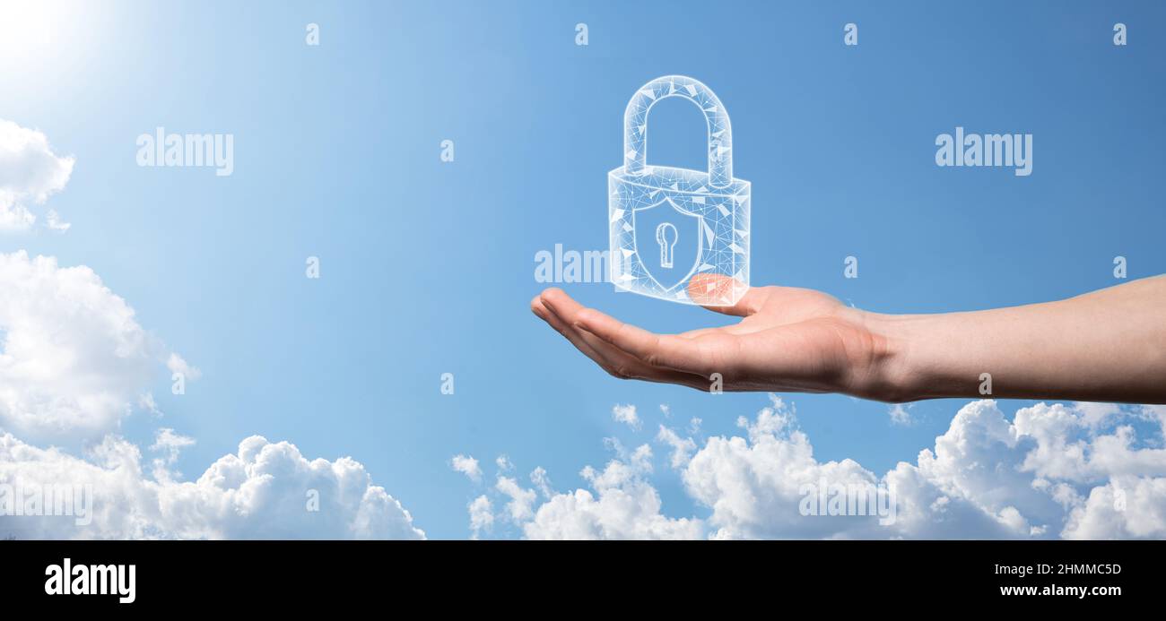 Male hand holding a lock padlock icon.Cyber security network. Internet ...