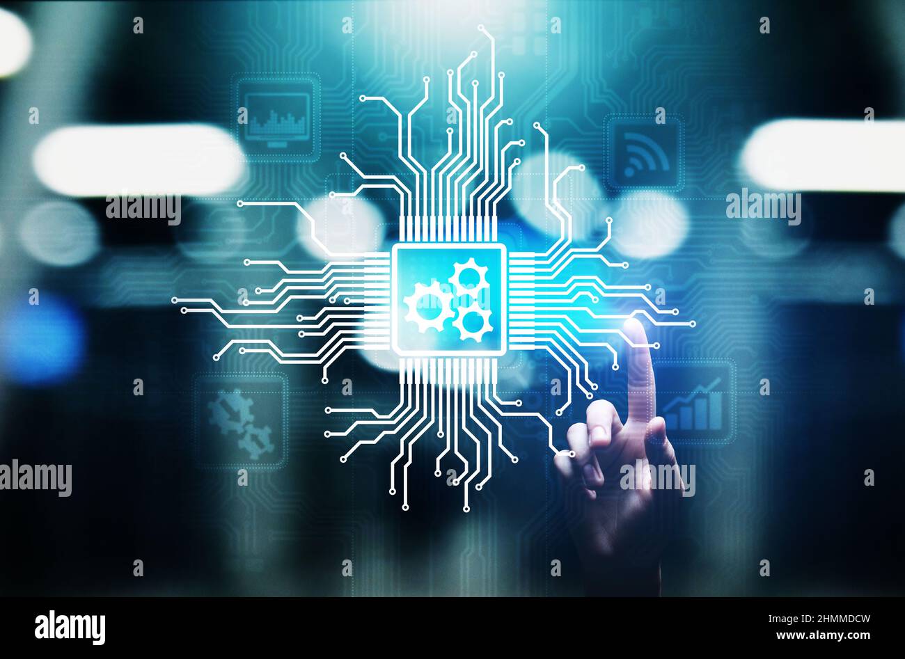 Gears mechanism on virtual screen. Automation and business process flow ...