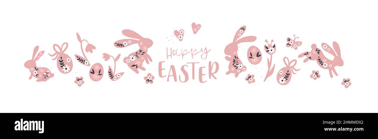 Cute hand drawn Easter horizontal seamless pattern with bunnies ...