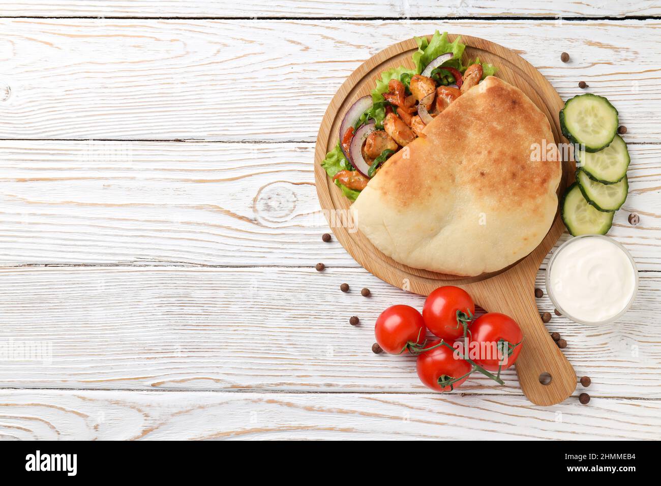 Concept of tasty food with pita with chicken, space for text Stock ...