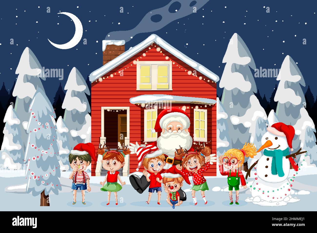 Christmas winter scene with happy children illustration Stock Vector ...