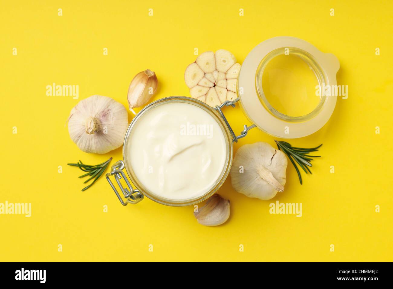 Concept of cooking garlic sauce, top view Stock Photo - Alamy