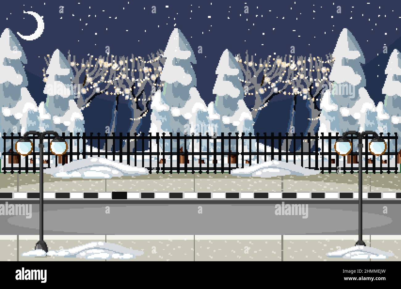 Snow covered pine trees and street in the city illustration Stock ...