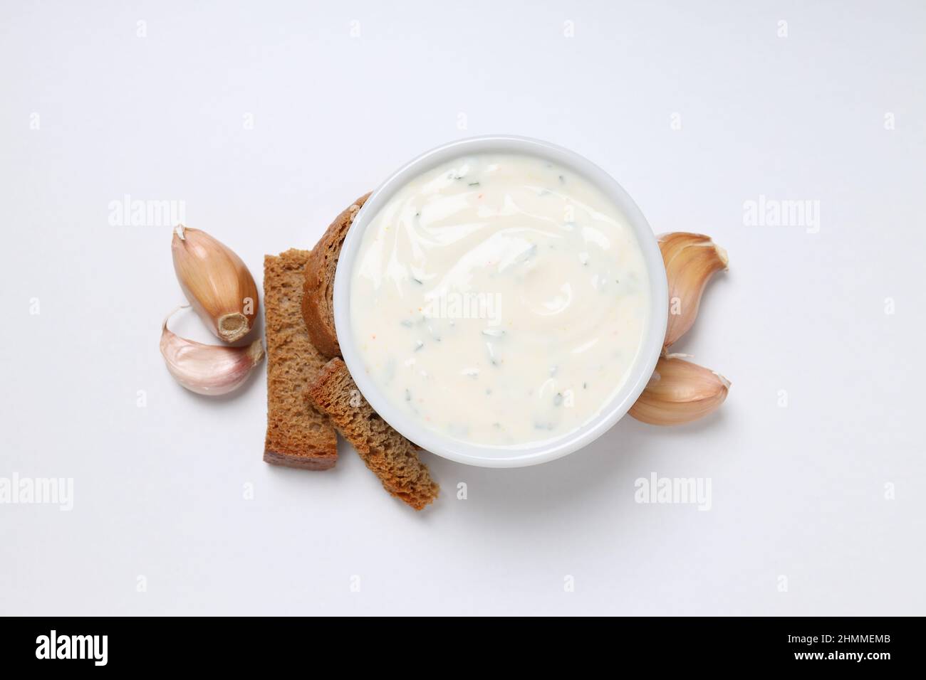 Concept of cooking garlic sauce, top view Stock Photo - Alamy