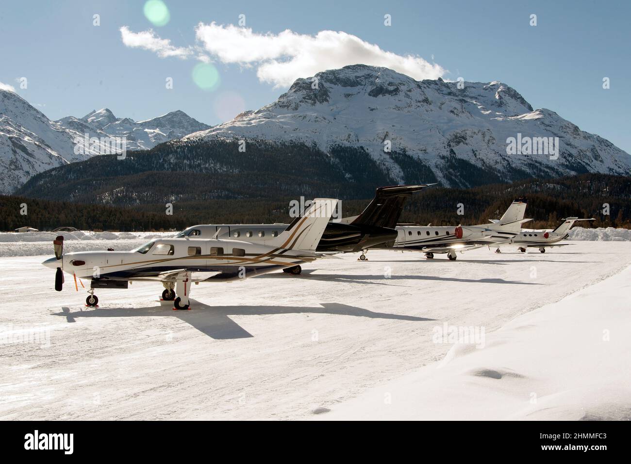Private jets and aircrafts in the airport of Engadine St Moritz in ...