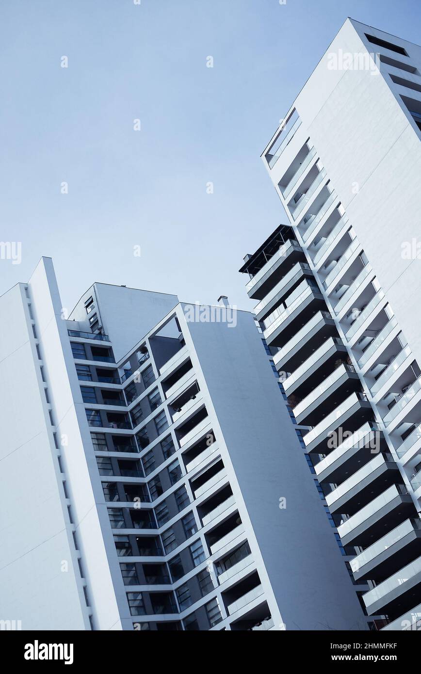 Blue monochrome image of modern multistory residential buildings Stock ...