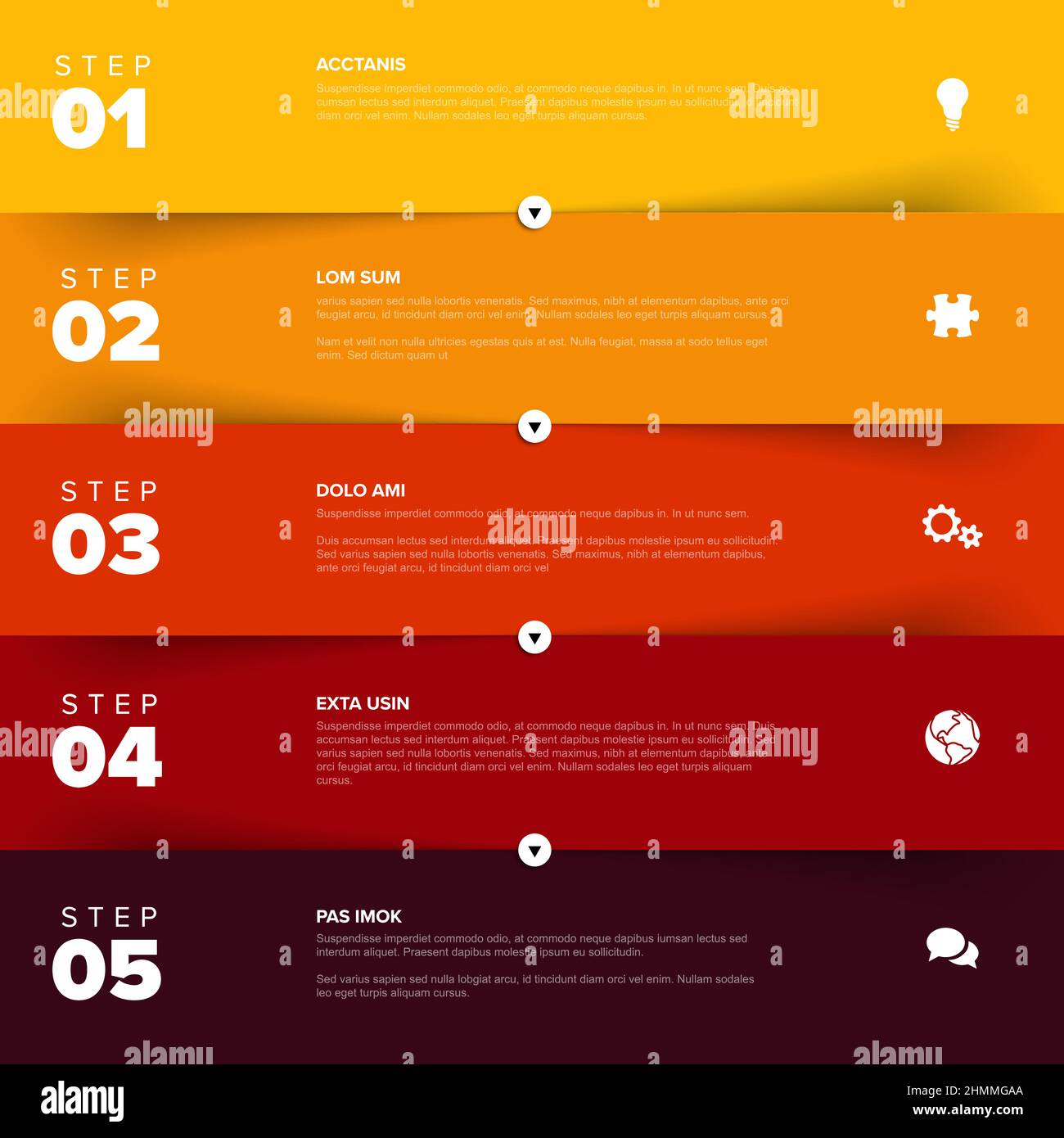 Five vector progress block steps template with descriptions, big numbers. Five fresh color ...