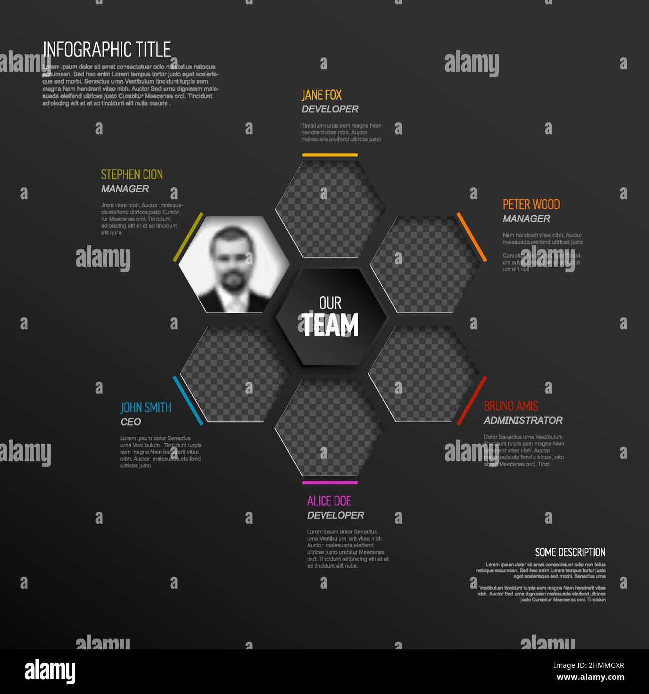 Company team members color hexagon mosaic presentation template with ...