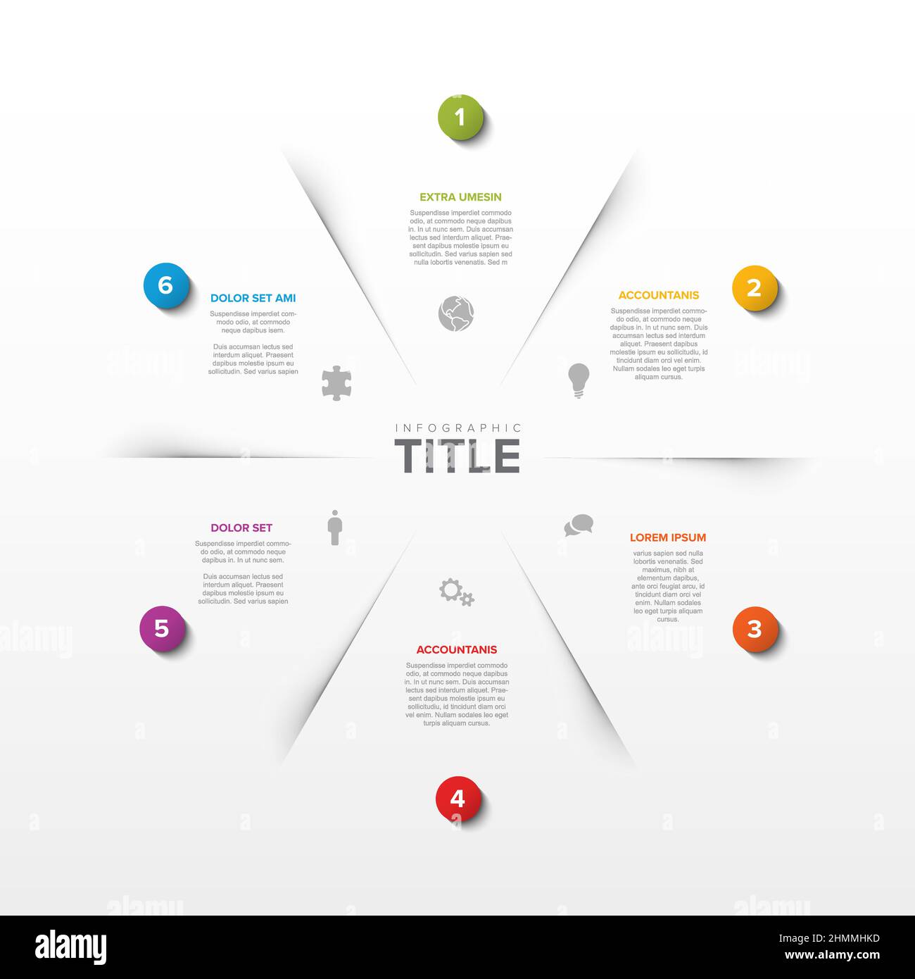 Abstract schema template with six step sections on white background ...
