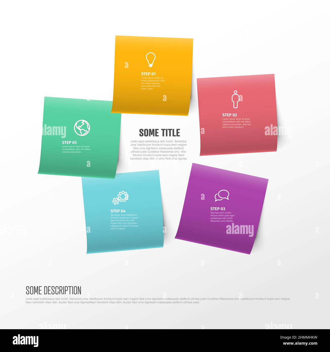 Five vector square flat progress steps cycle on sticky color papers ...