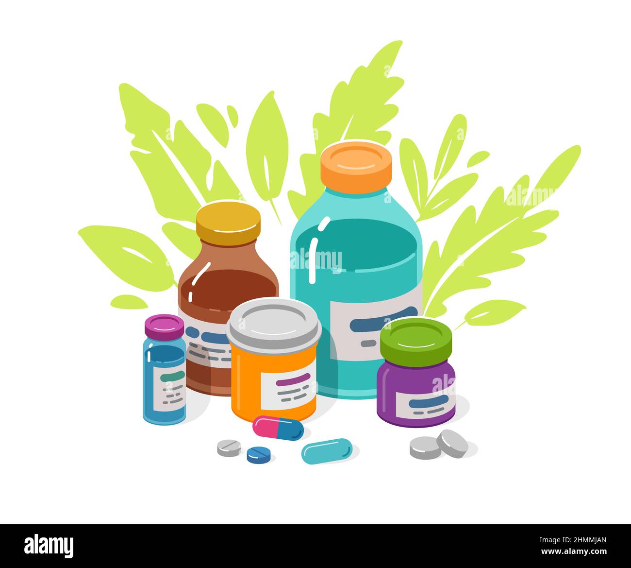 Medical tablets and capsules in bottles. Prescription drugs, medical ...