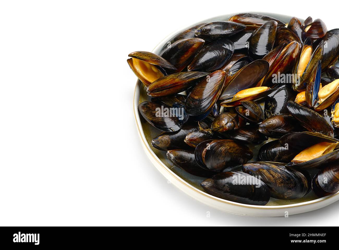 steamed mussels entree. Cooked mussels on white plate on white ...