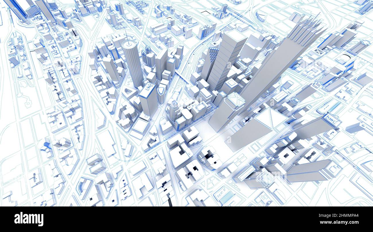white low poly modern downtown above view. 3d rendering Stock Photo - Alamy