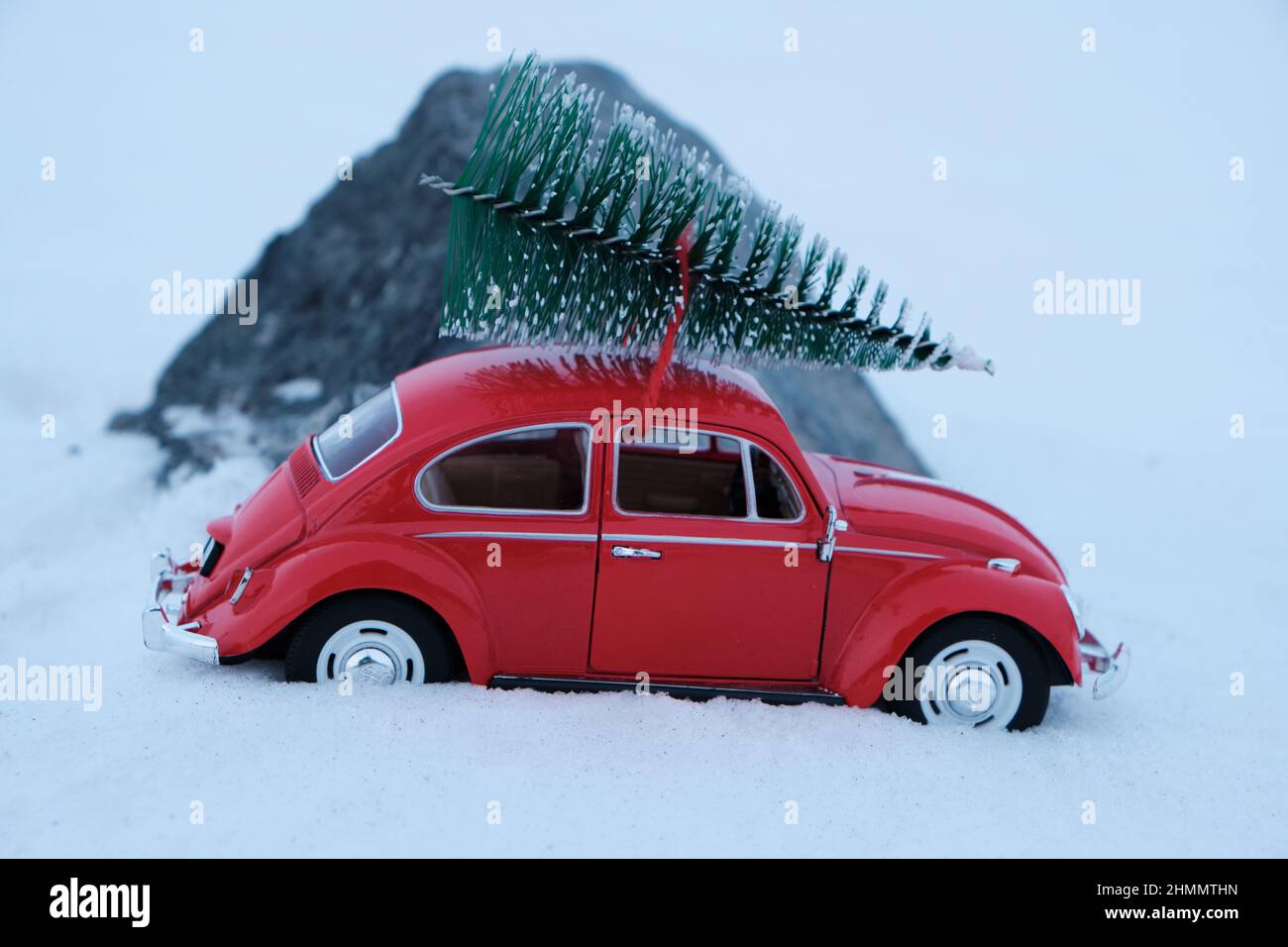 Kostanay, Kazakhstan 2022.Red Volkswagen beetle with spruce on roof ...