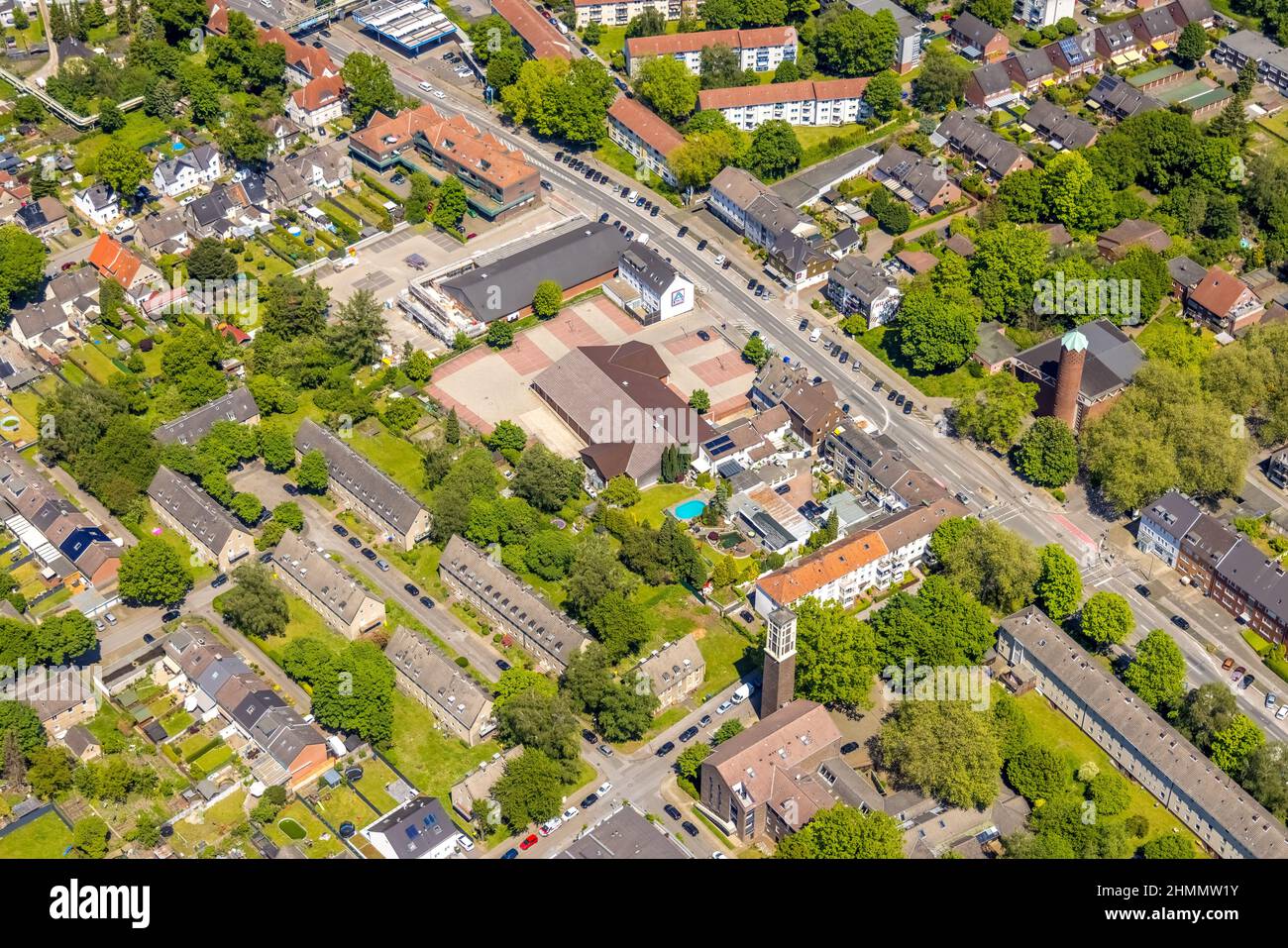 Aerial view, local shopping centre Hassel Polsumer Straße. Retail ...