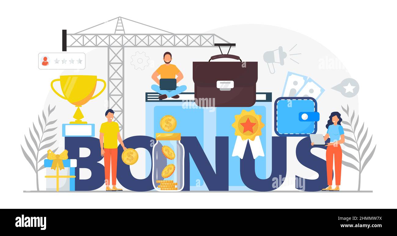 Bonus for worker. Big letters with employees, money, winner cup ...