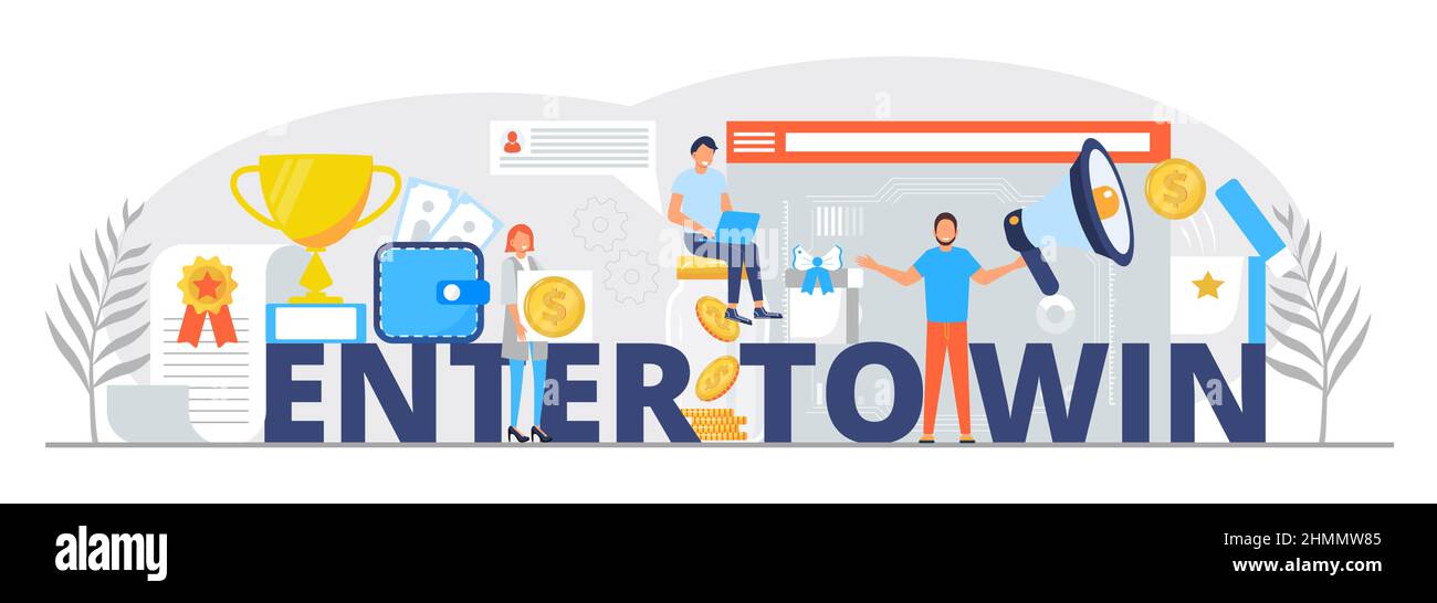 Enter to win concept vector. Temawork, tiny people offer money, coins ...
