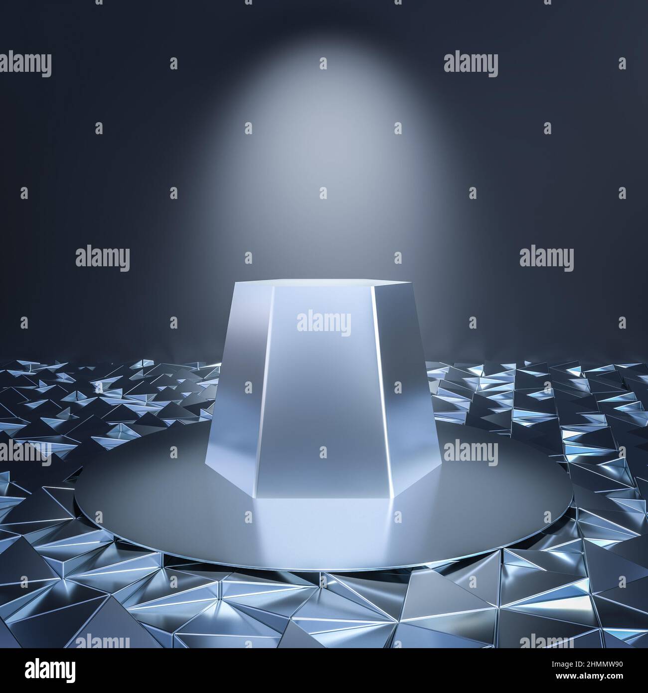 metallic podium with hexagonal base and metallic geometric elements. 3d render Stock Photo - Alamy