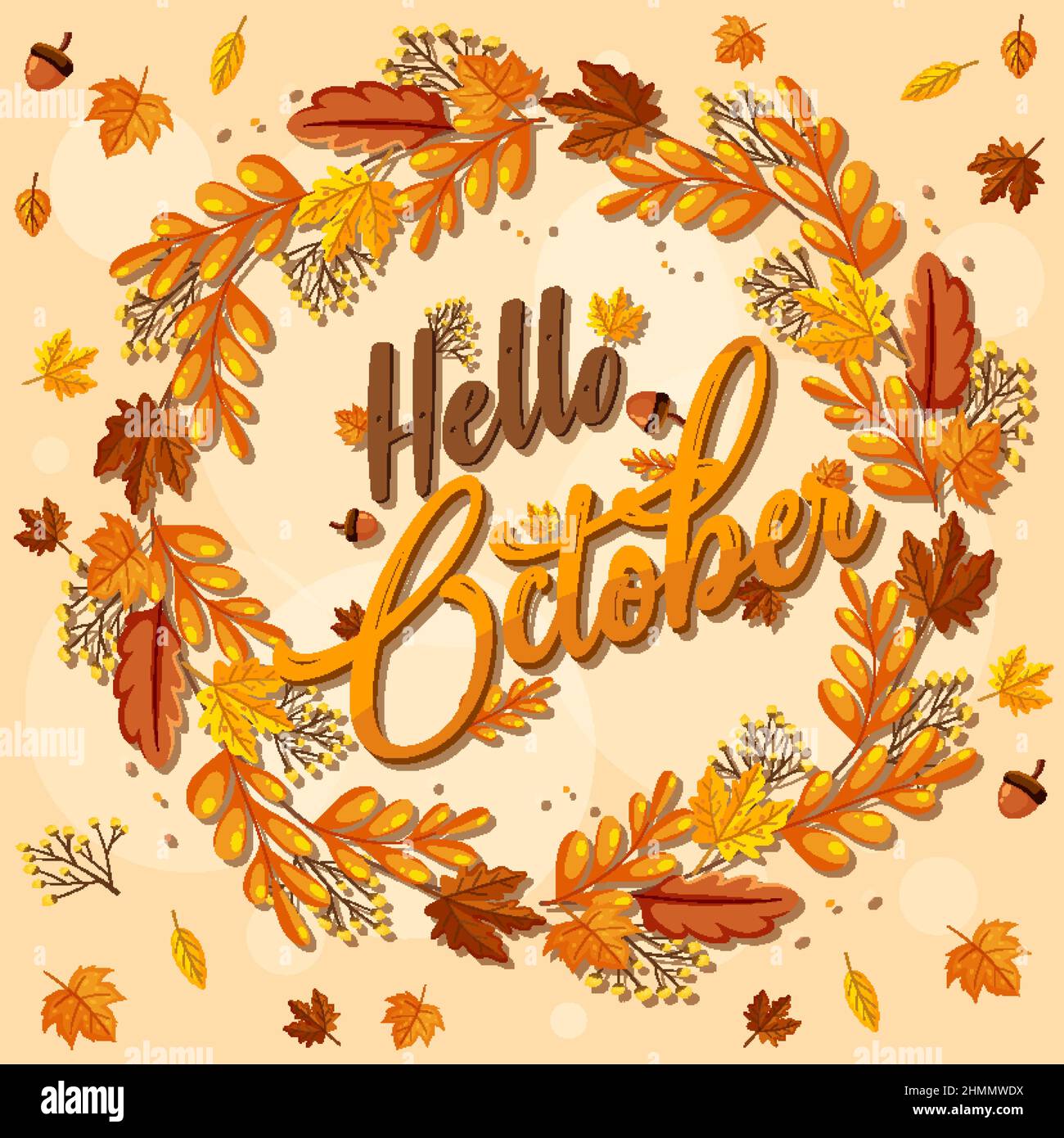 Hello October logo with ornamental autumn leaf illustration Stock ...