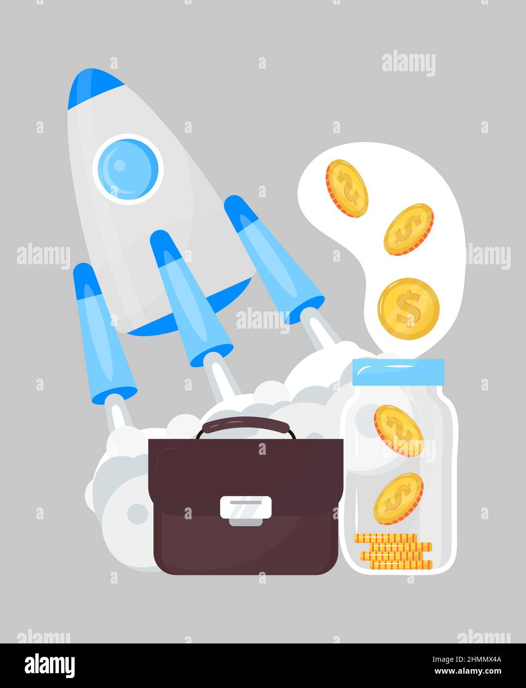 Money box with rocket and bag concept vector. Glass bank with gold ...