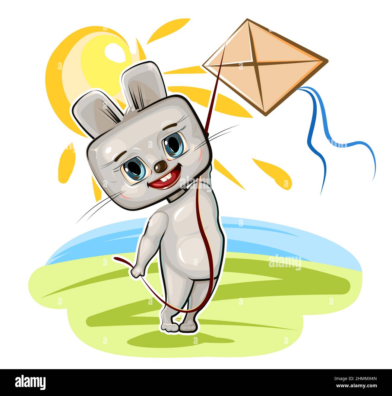 A little hare flying a kite. Favorite childhood game. Cartoon style ...