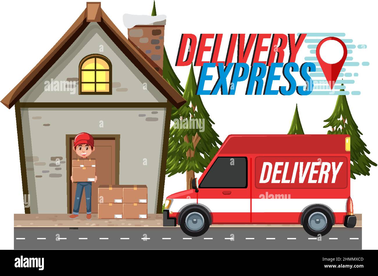 Delivery Express wordmark with courier delivering packages illustration ...