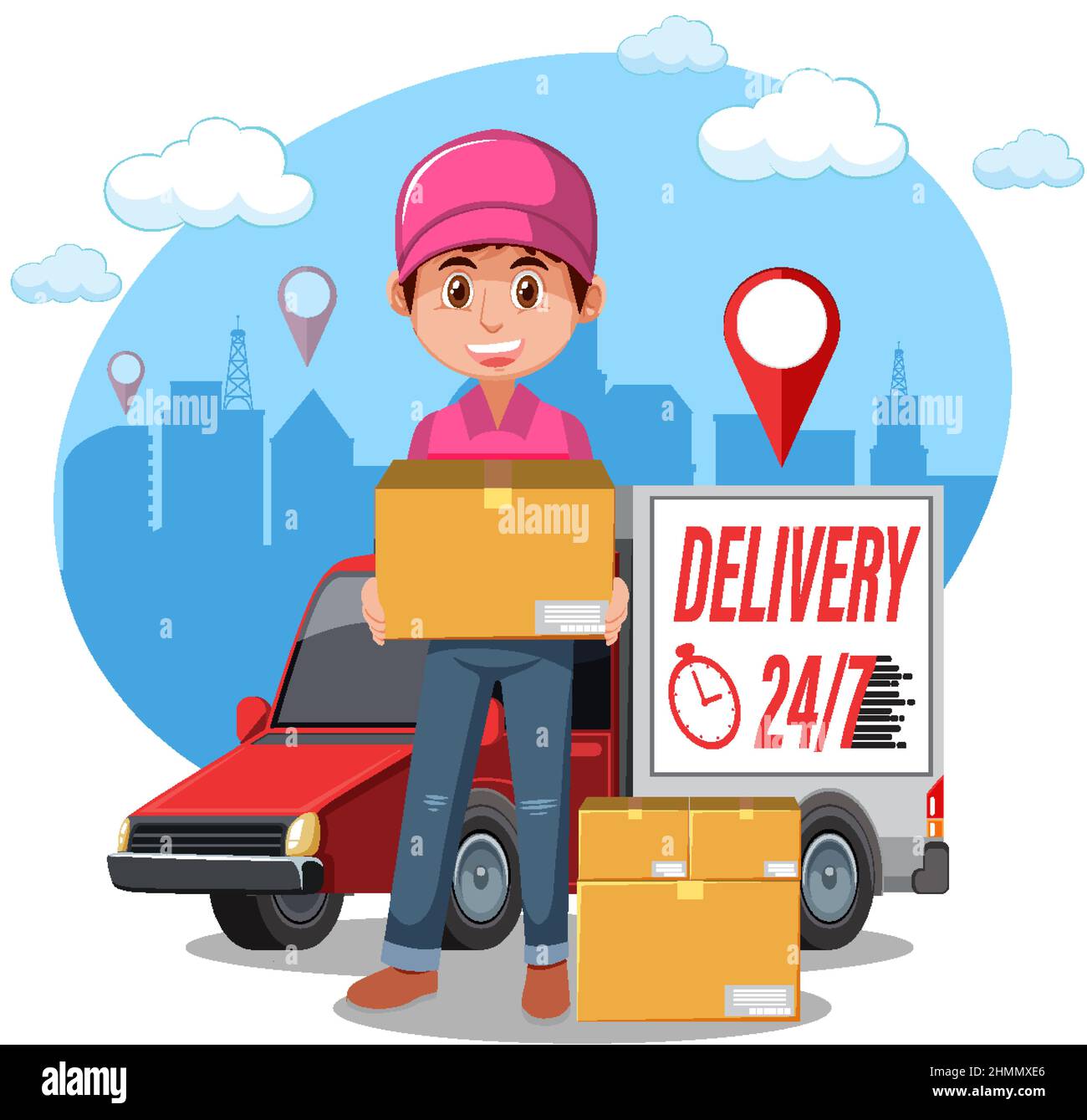 Courier holding a package with delivery panel van illustration Stock ...