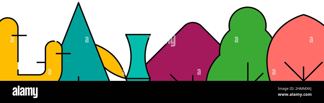 Trees, cactus and bamboo related horizontal banner or bottom border ...