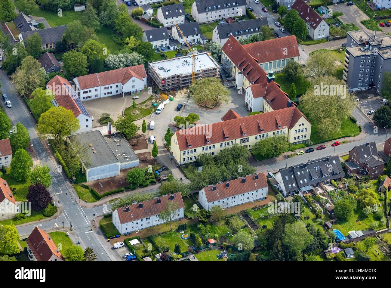 Aerial view, building site and school extension Südparkschule, Brauck ...