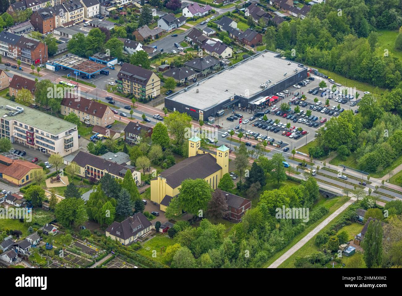 Aerial view, Horster Straße, St. Marien Kirche, DM, Rewe, Brauck ...