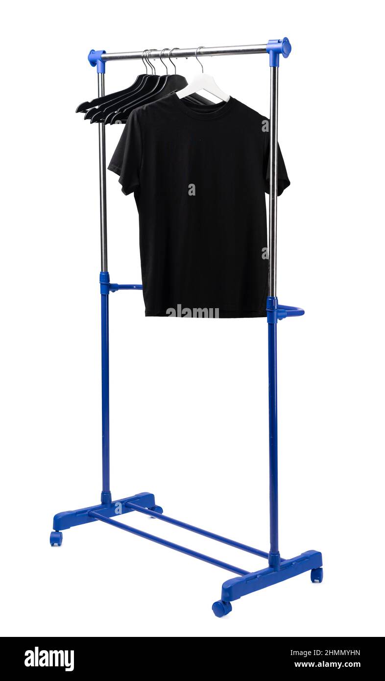 Black T-shirt on hangers on metal rack isolated on white background ...