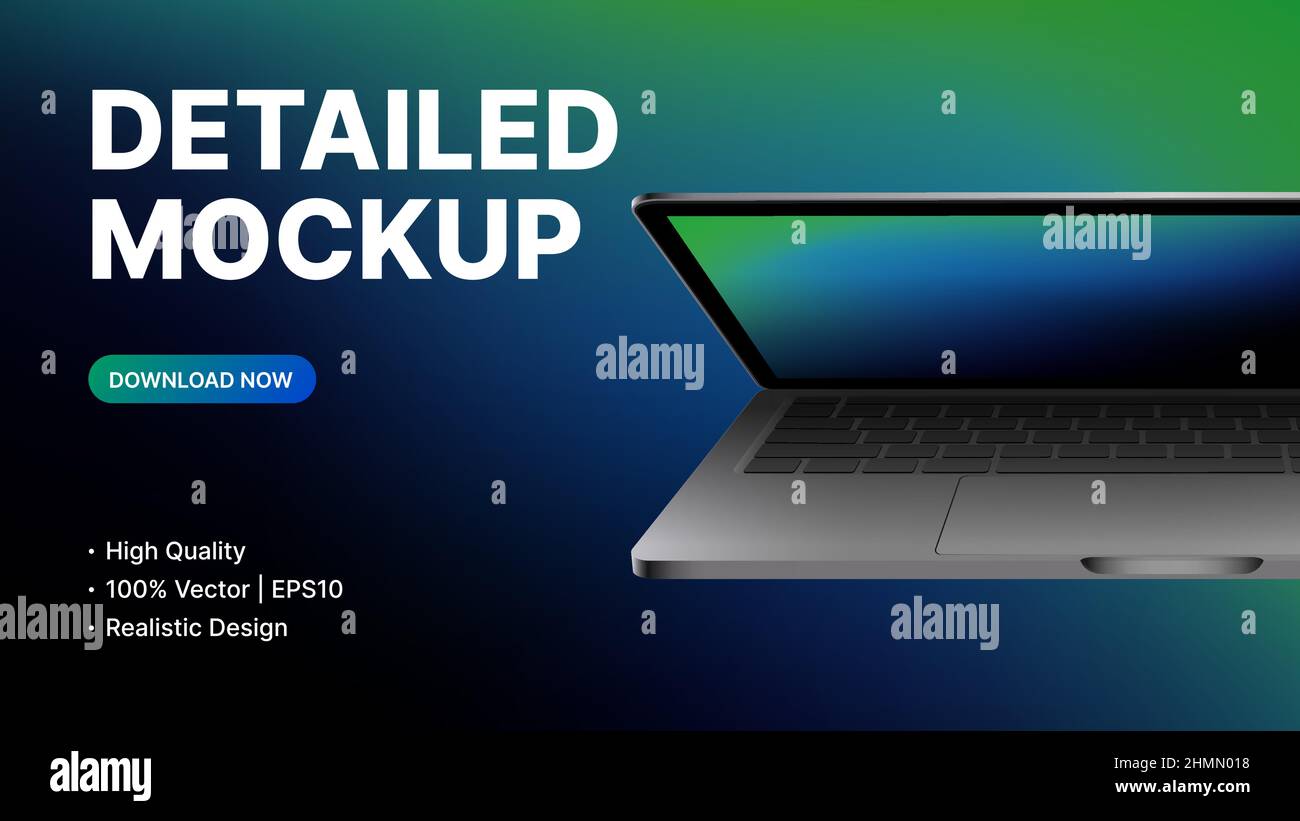 Half closed Realistic Laptop with blank Screen Mockup. Promo ...