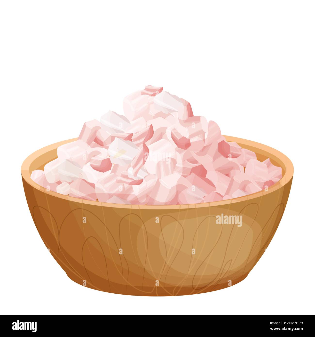 Himalayan pink salt pile, grain mineral spice in wooden bowl in cartoon ...
