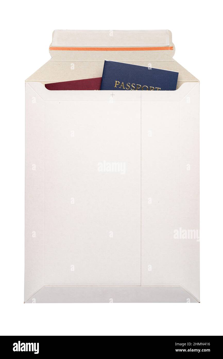 Passport spread in a white paper envelope, Travel concept Stock Photo ...