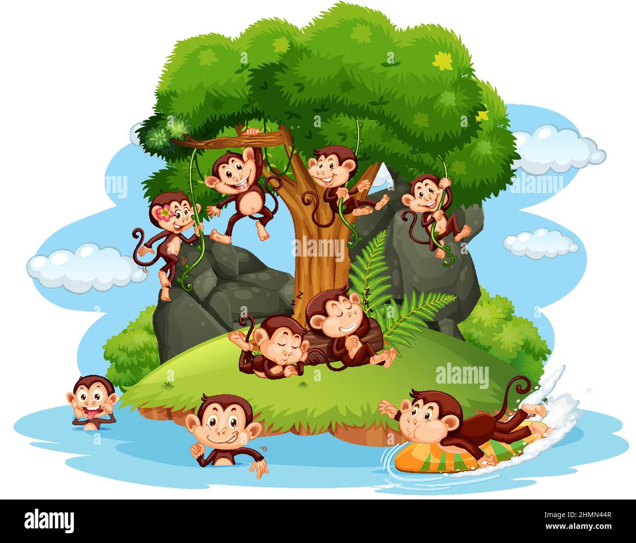 Isolated island with many monkeys cartoon illustration Stock Vector ...