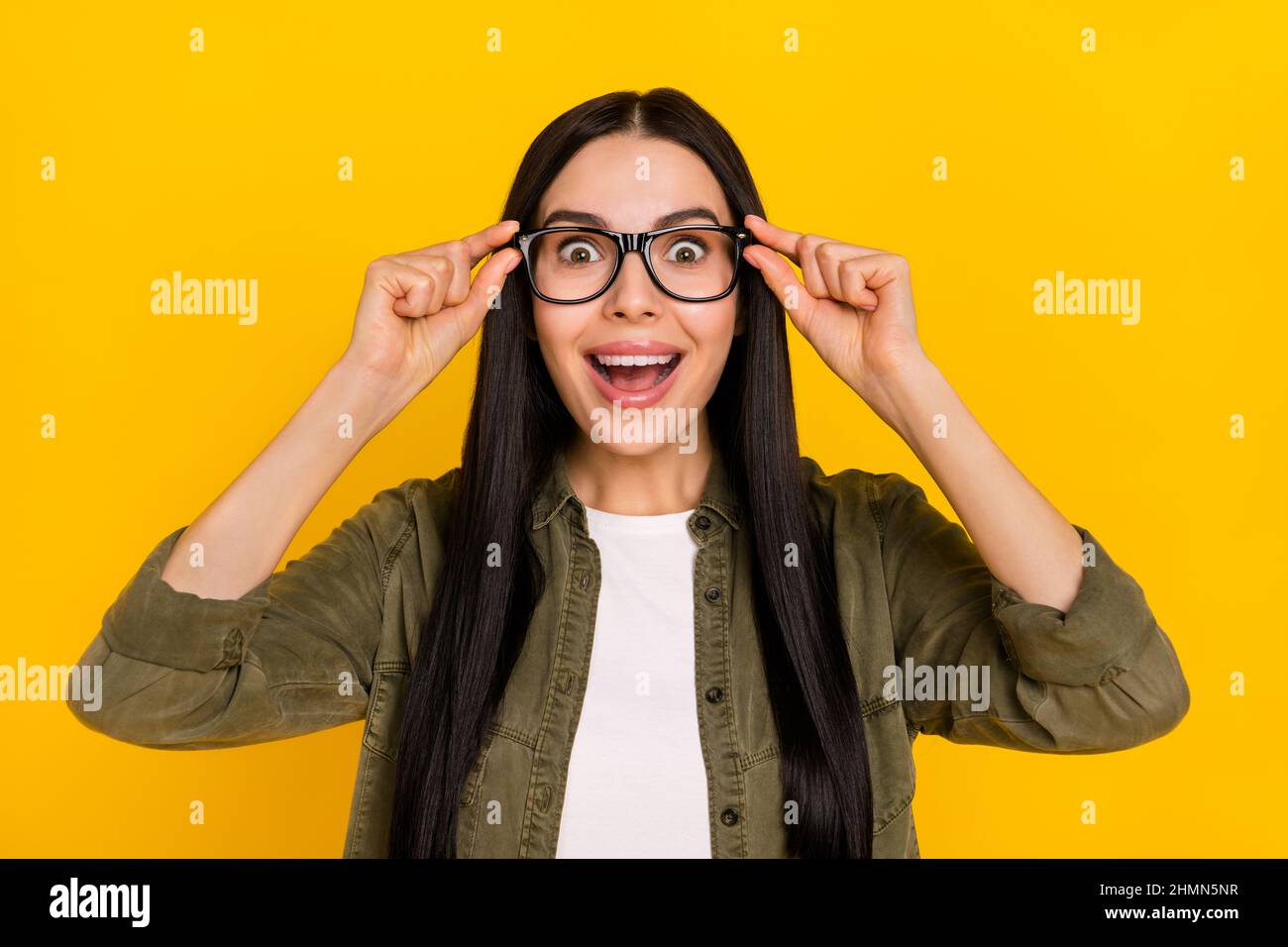 Photo of hooray young lady open mouth wear spectacles khaki outfit ...