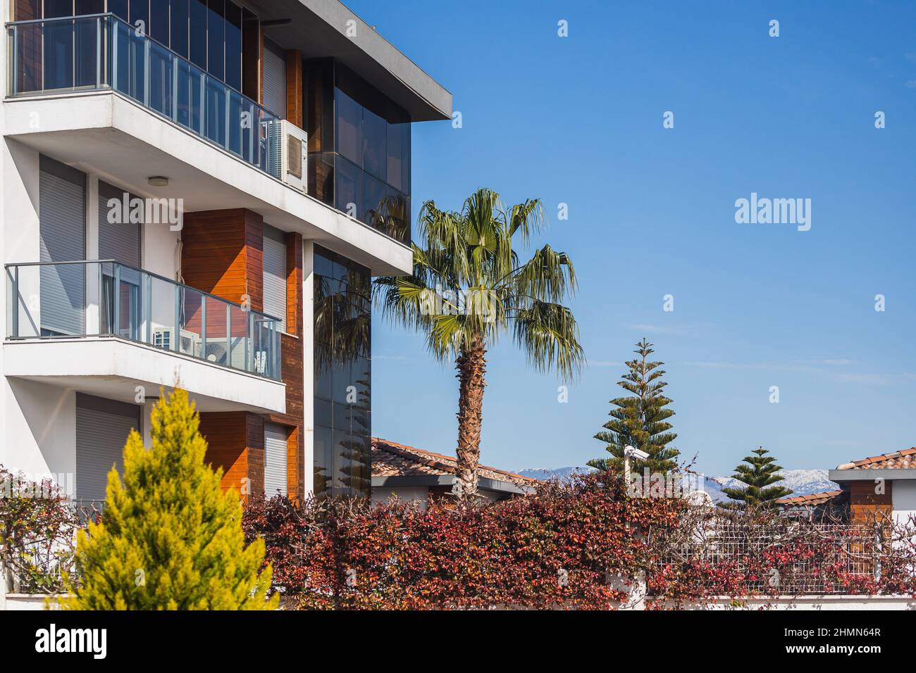 Rich and modern area with villas and apartments.White stone building ...