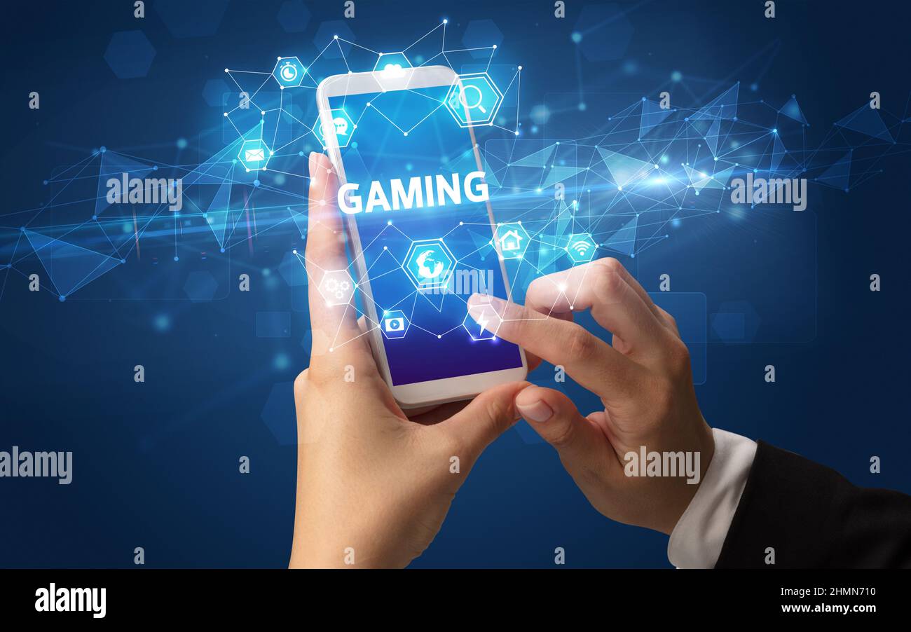 Hand using smartphone with technology concept Stock Photo - Alamy